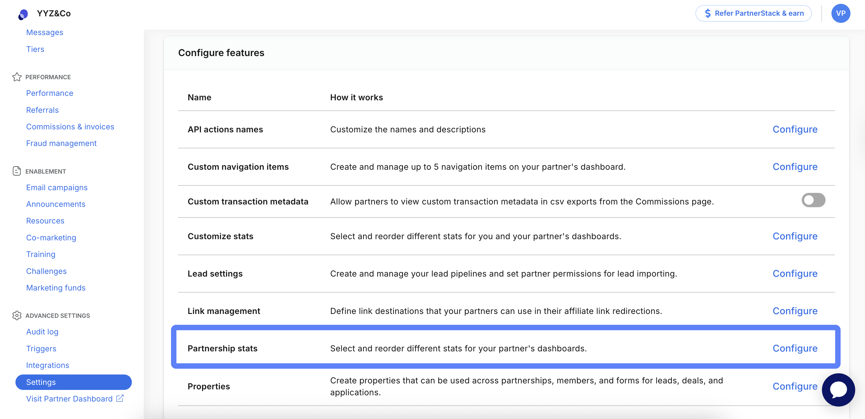 Configuring actions in program overview – PartnerStack